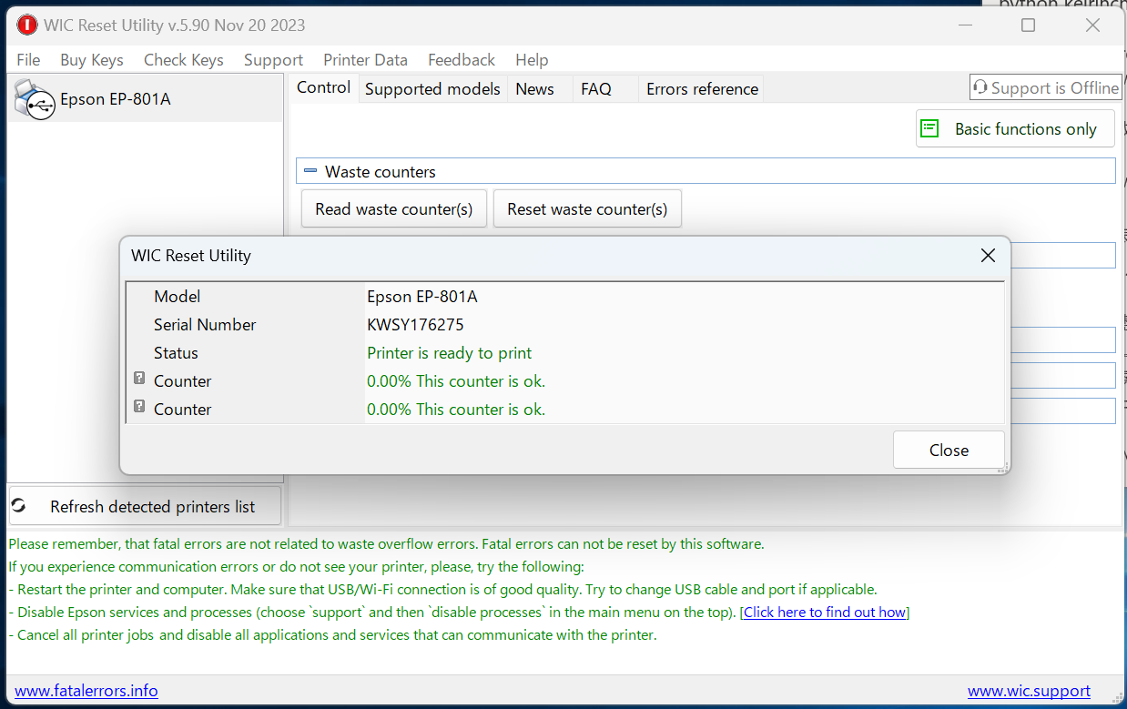 Wic Reset UtilityのRead West counterで、現在の廃インクカウンターの進行度と印刷可能かどうかを確認する ...